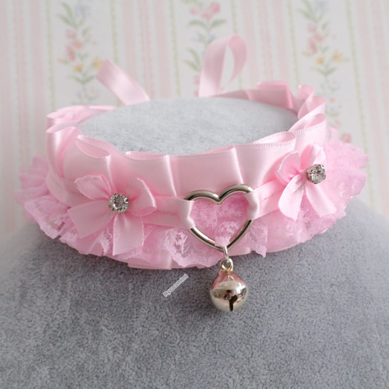 White lace light blue satin choker necklace , kitten pet play collar ...